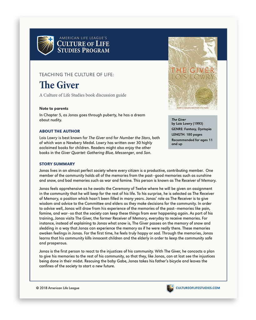 Book Discussion Guide: The Giver by Lois Lowry (FREE Download ...